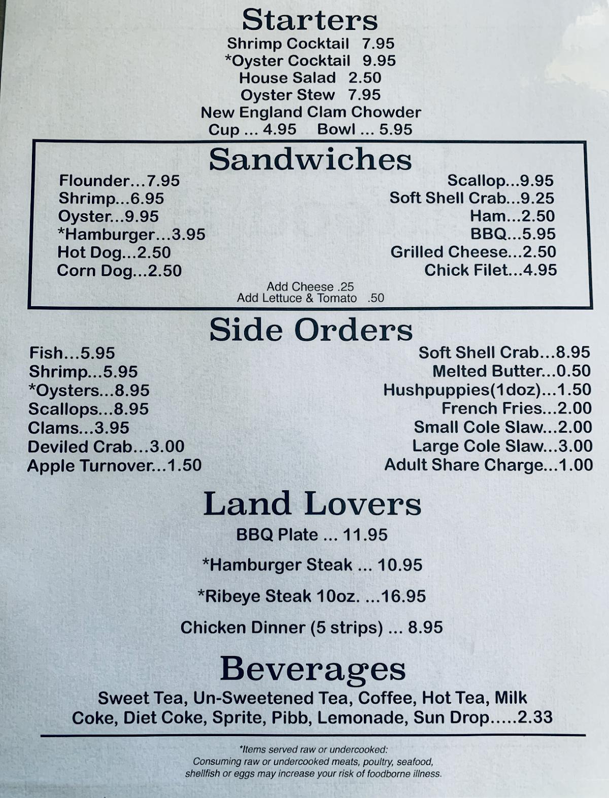 Menu at Calabash Seafood Hut restaurant, Calabash