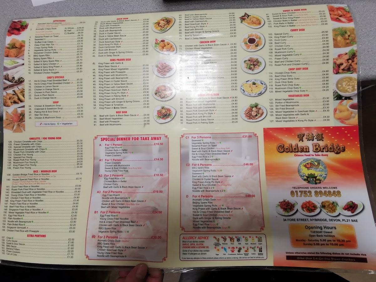 Menu at Golden Bridge fast food, Ivybridge, 34 Fore St