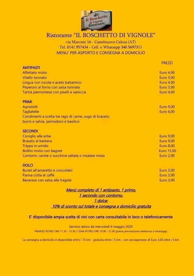 Menu da Il Boschetto di Vignole ristorante, Castelnuovo Calcea