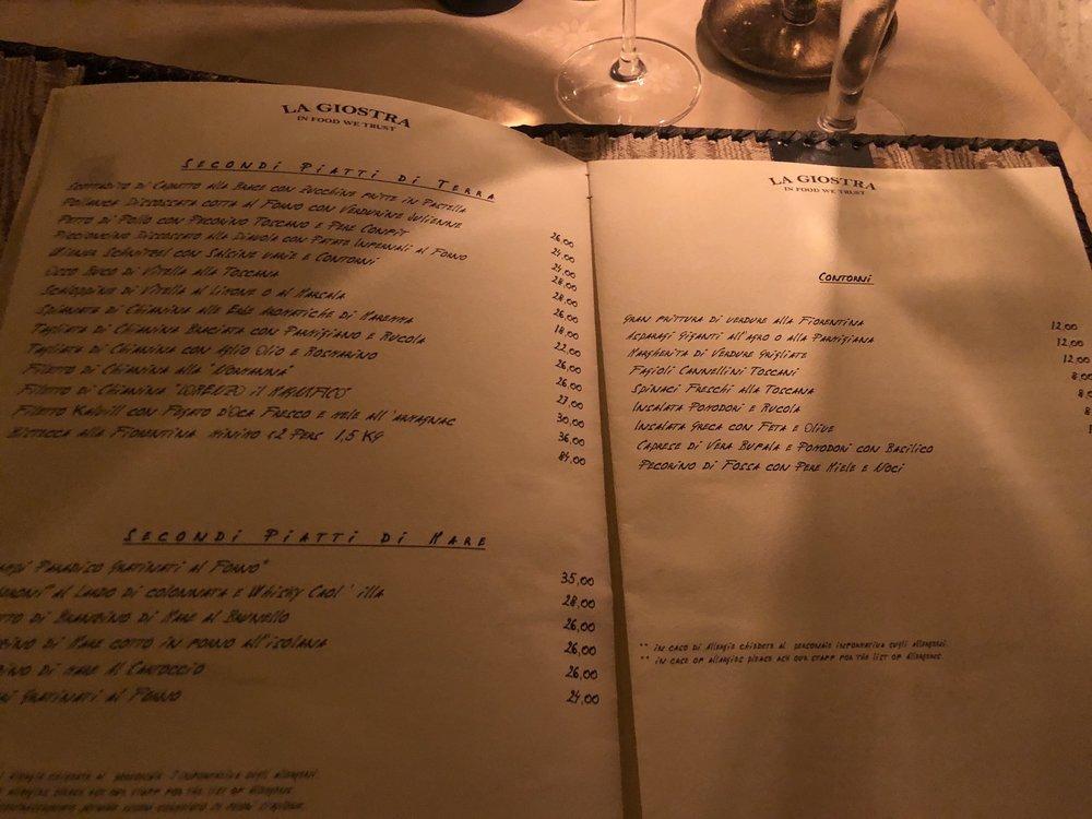 Menu at La Giostra restaurant, Florence, Borgo Pinti