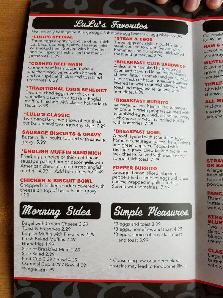 Menu at LuLu's Diner restaurant, Lima, Bellefontaine Ave