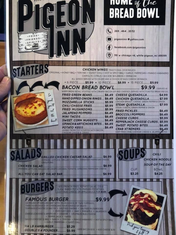 Menu at White Pigeon Inn pub & bar, White Pigeon