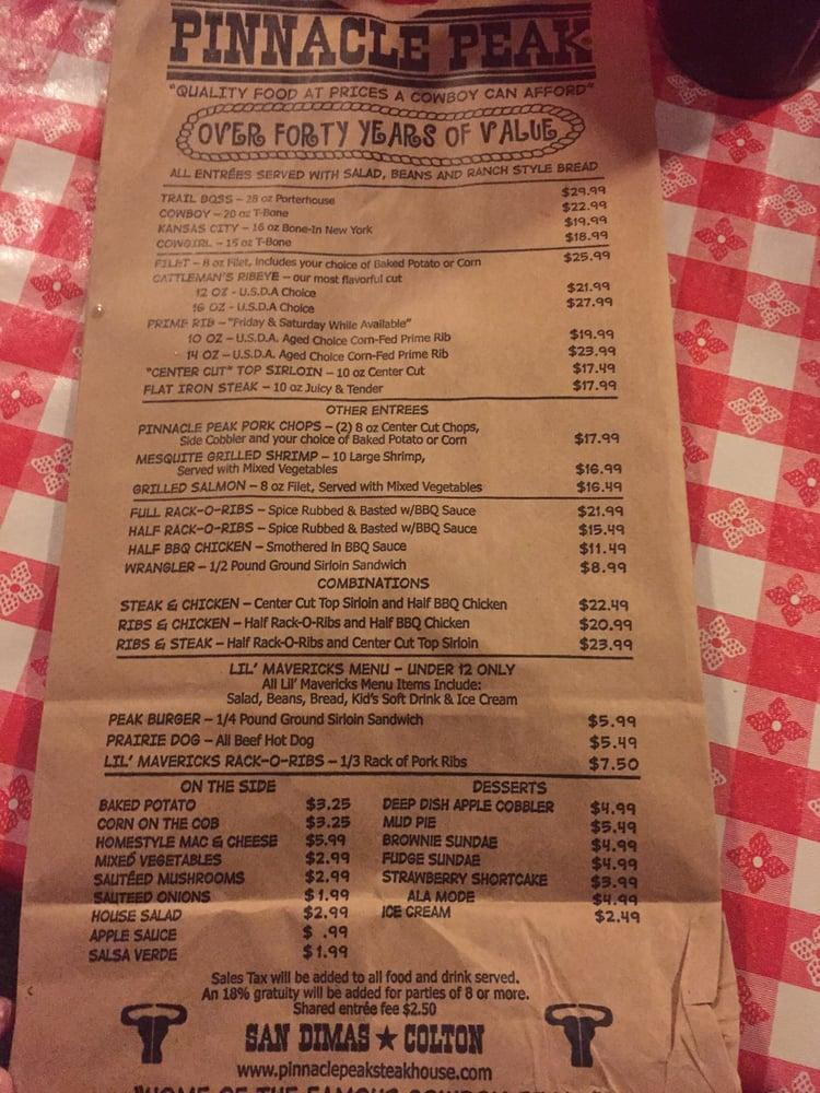 Menu at Pinnacle Peak Steakhouse, San Dimas