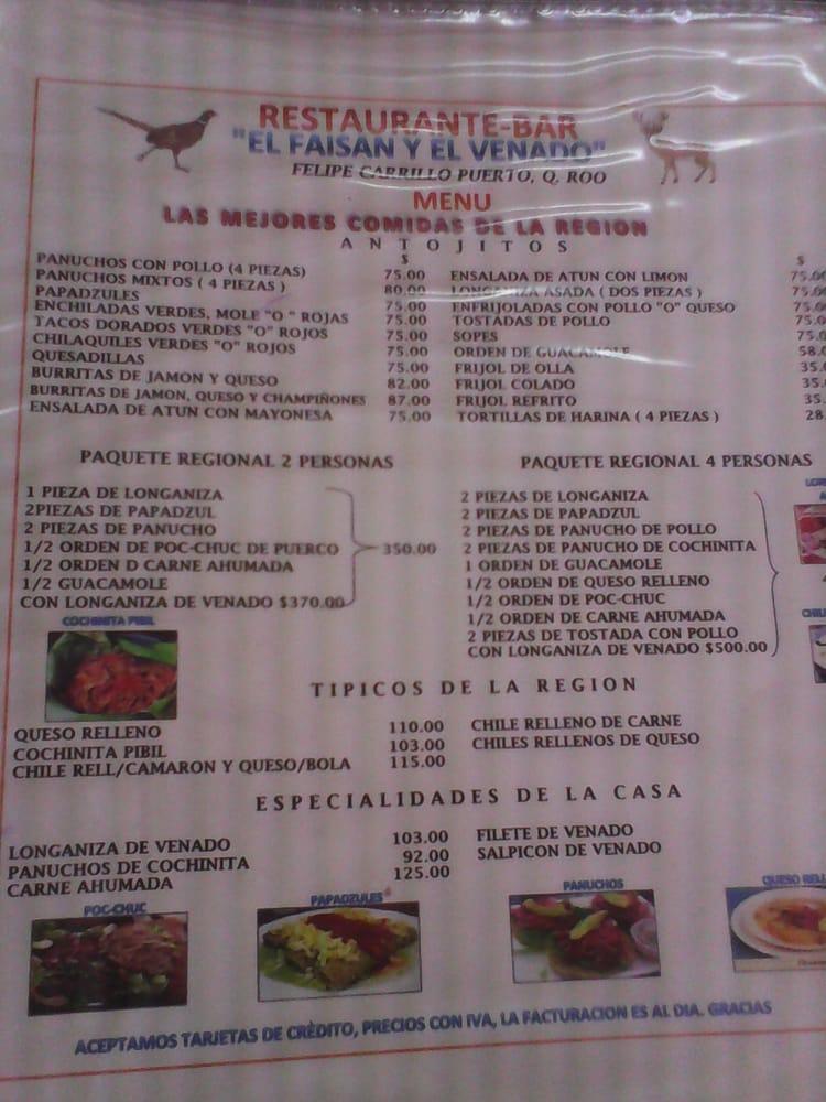 Menu at Restaurante El Faisan Y El Venado, Felipe Carrillo Puerto, Av ...