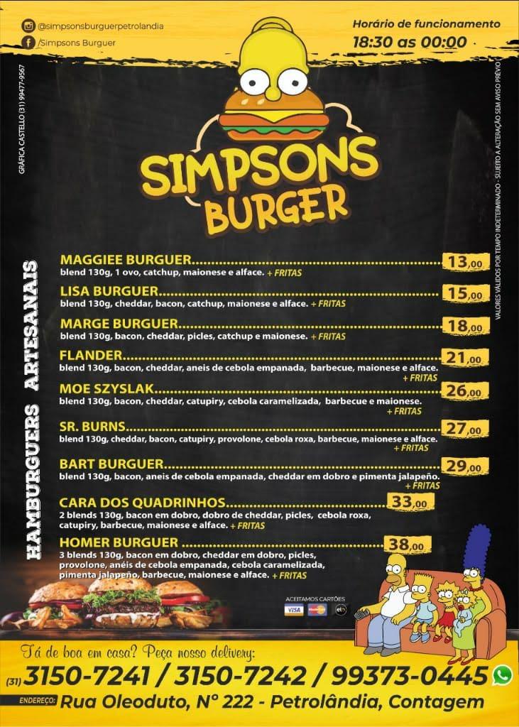 Menu at Simpsons Burger restaurant, Contagem
