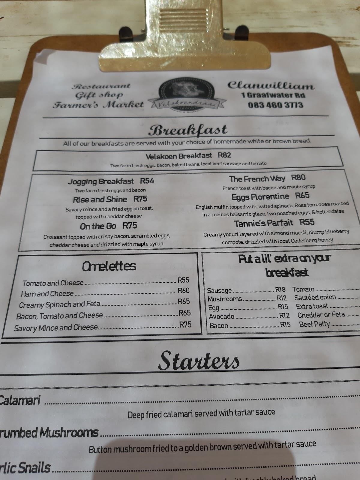 Menu at Veldskoen Padstal & Restaurant Clanwilliam, Clanwilliam