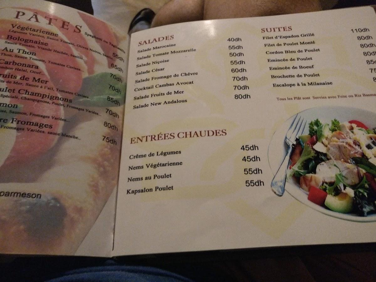 Menu au New Andalous pub et bar, Tanger, Route de ksar sghir km 8