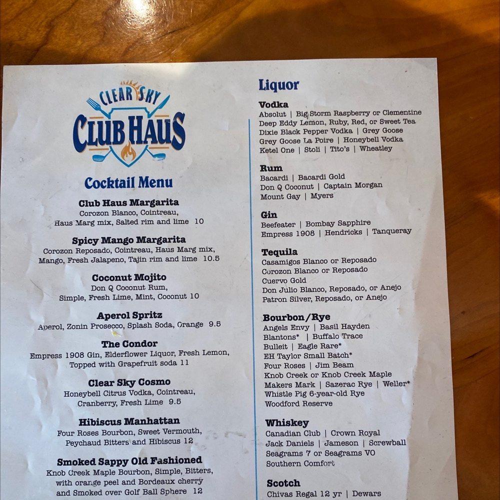 Menu at Clear Sky Club Haus, Palm Harbor