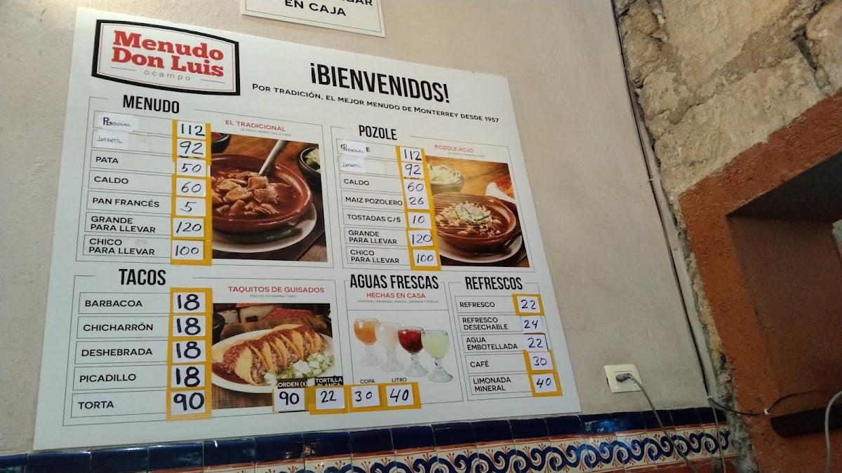 Carta del restaurante MENUDO Don Luis, Monterrey, Melchor Ocampo 639