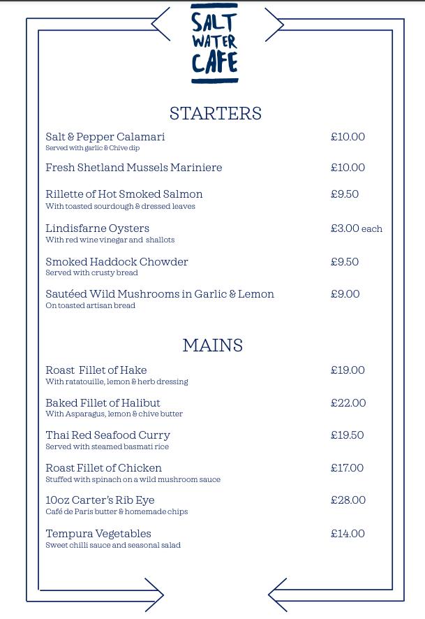 Menu at Salt Water Cafe, Beadnell
