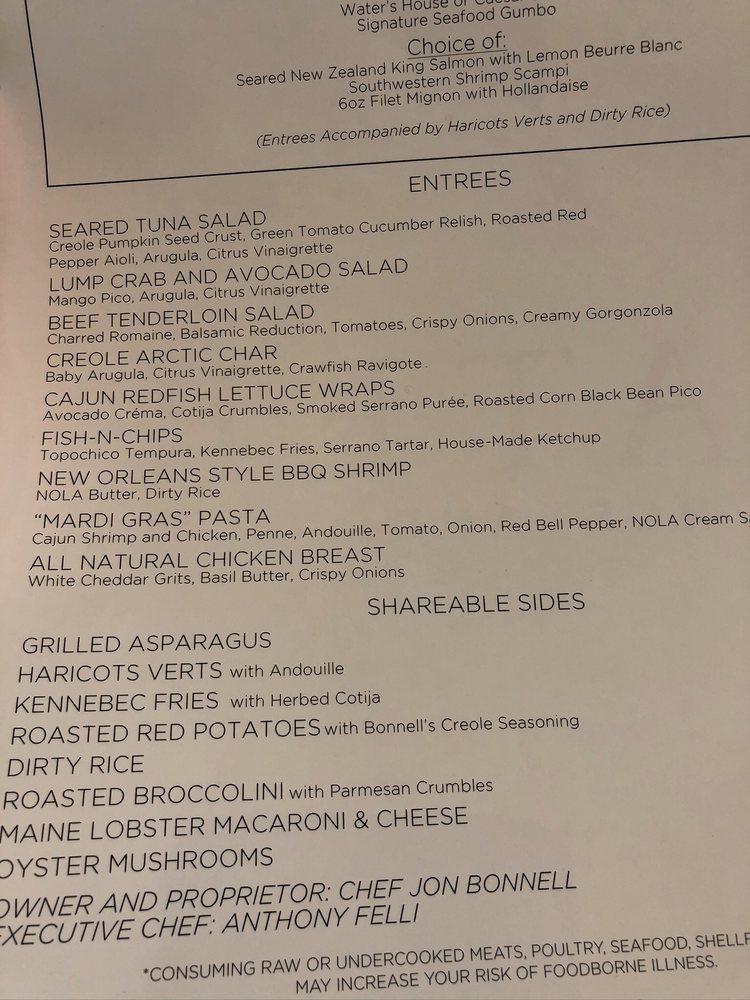 Menu at Waters Restaurant, Fort Worth