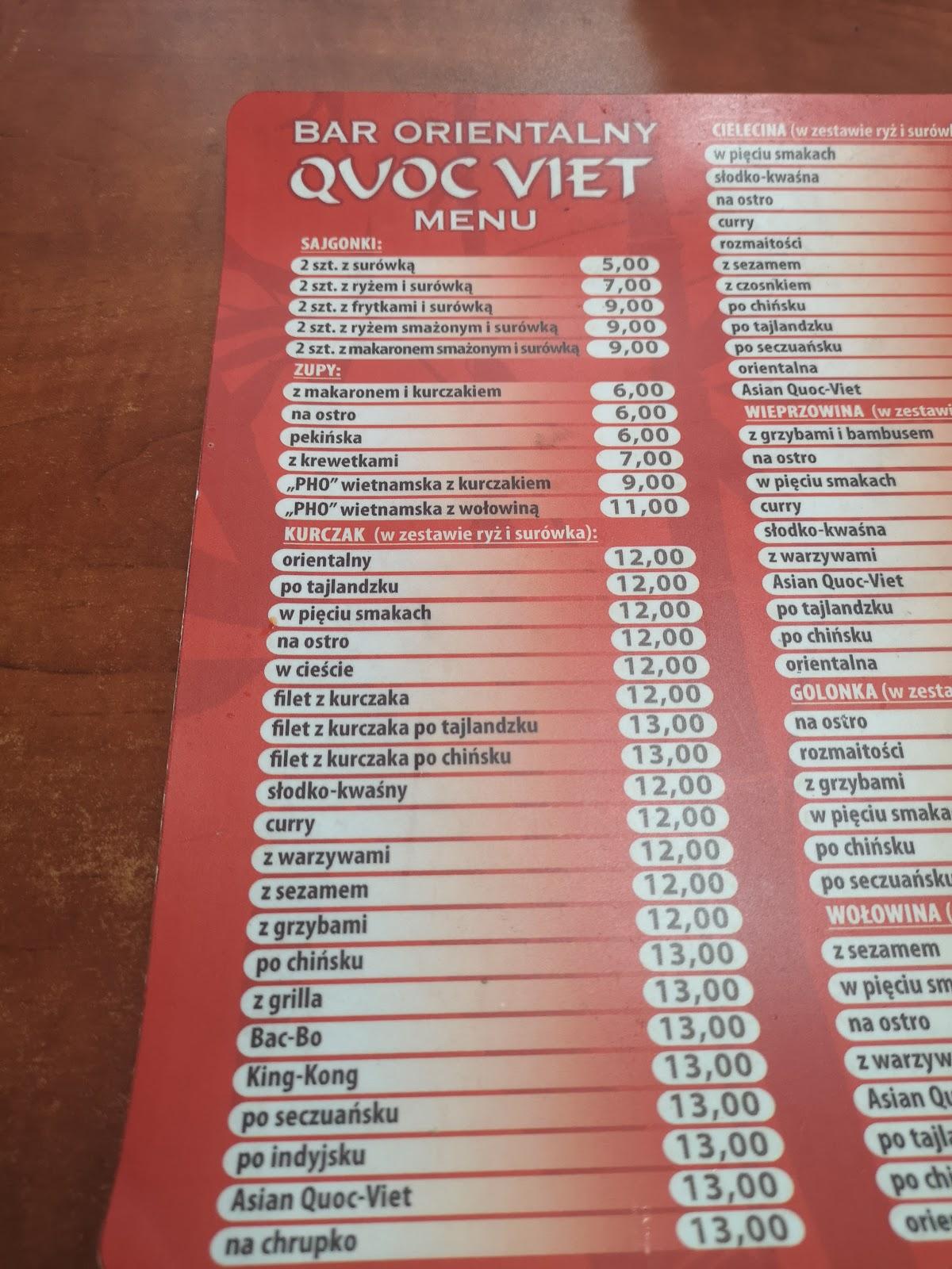 Menu at Bar Orientalny Quoc Viet, Stryków