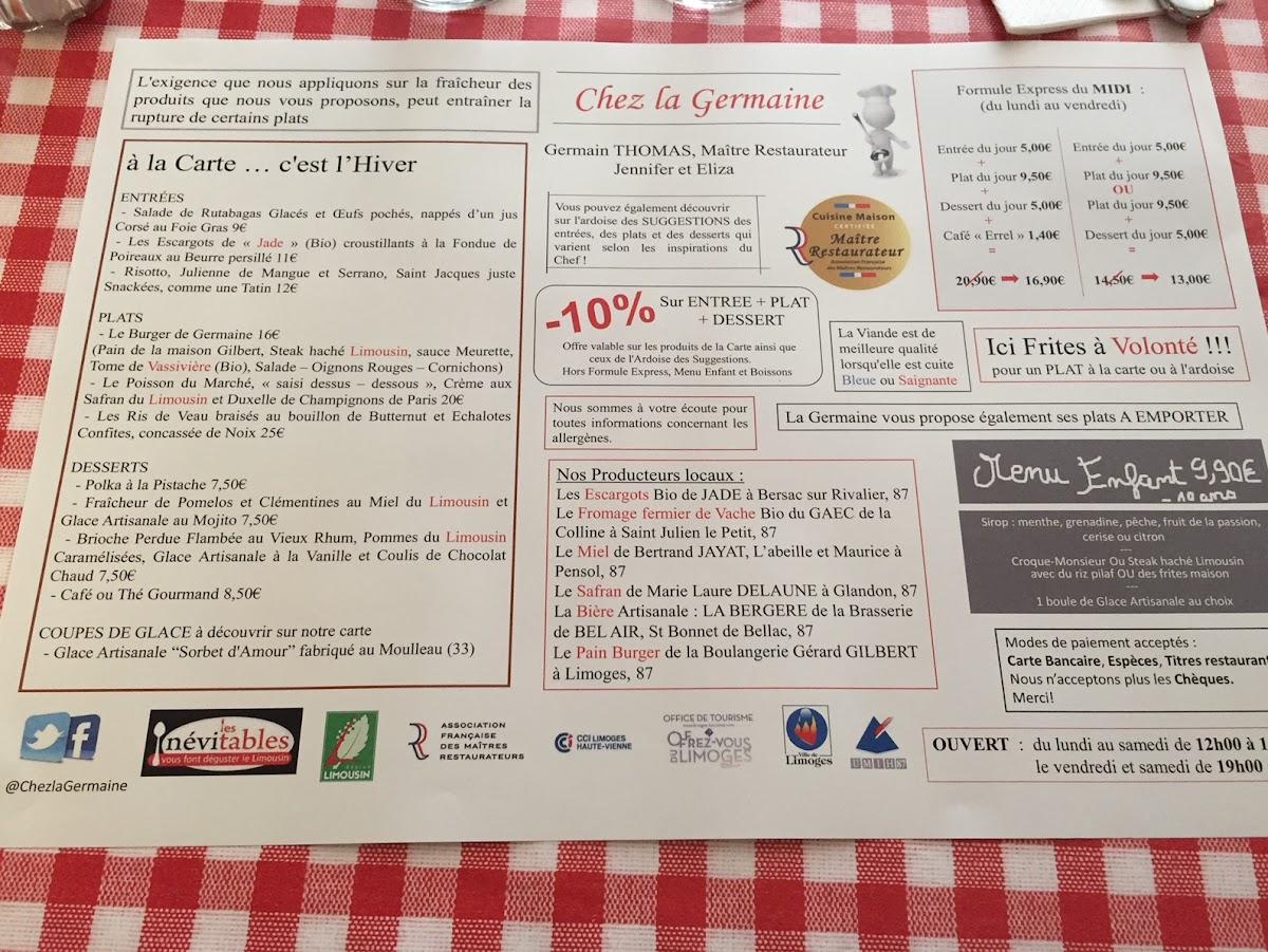 Menu au Chez La Germaine restaurant, Limoges