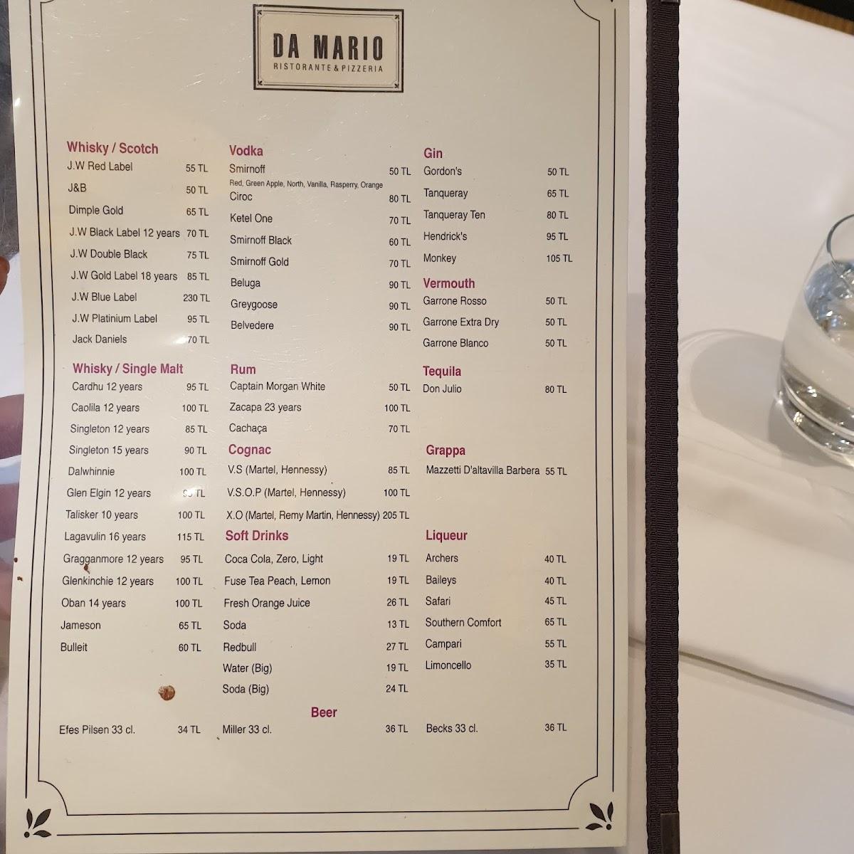 Menu at Da Mario, Istanbul, Etiler