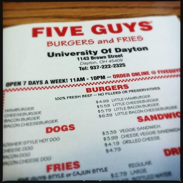 Menu at Five Guys fast food, Dayton, Brown St