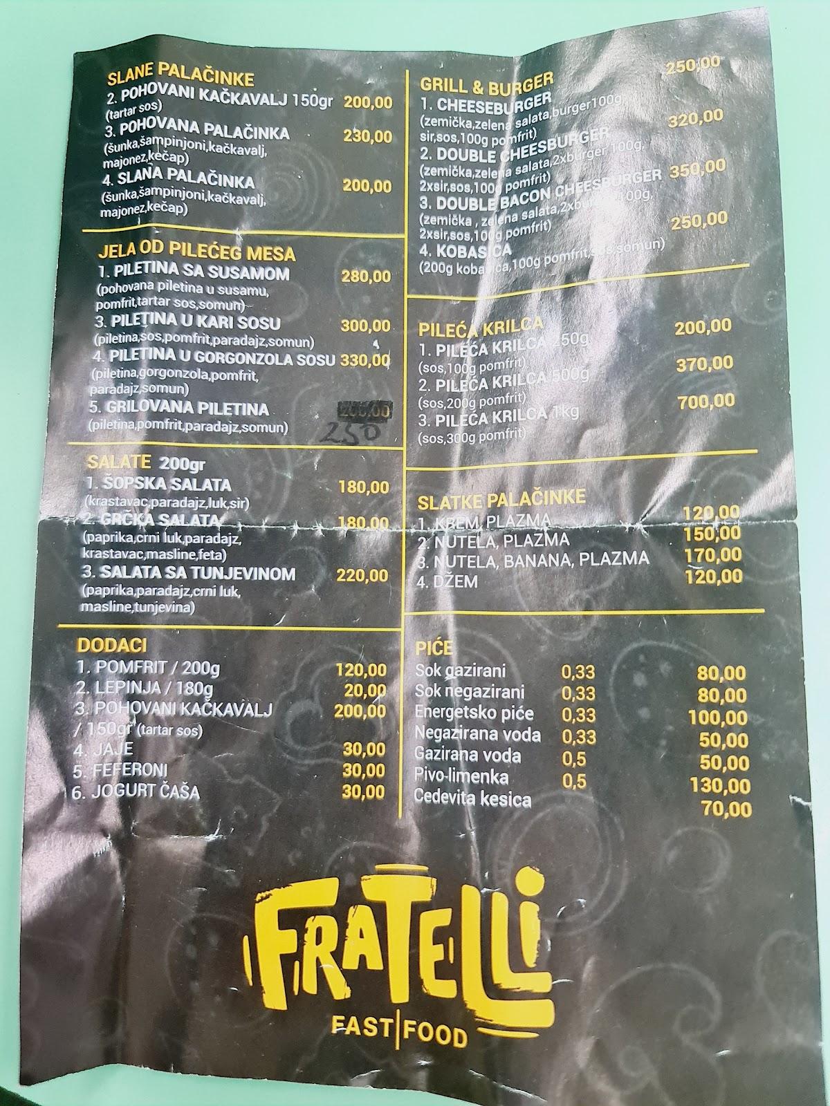 Menu at Fratelli fast food, Niš, Topličkog partizanskog odreda 35