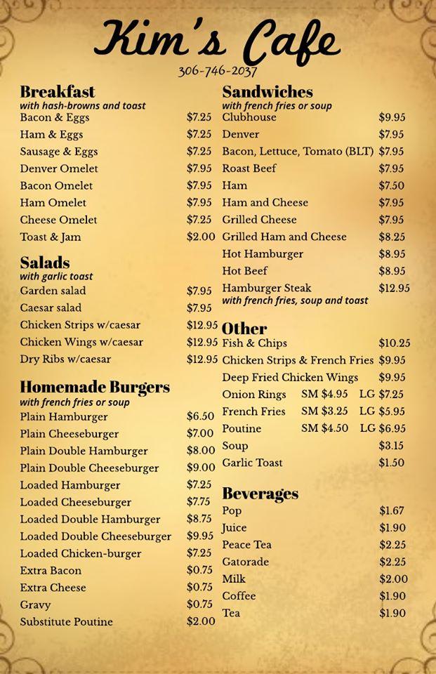 Menu at Kim's Cafe, Raymore