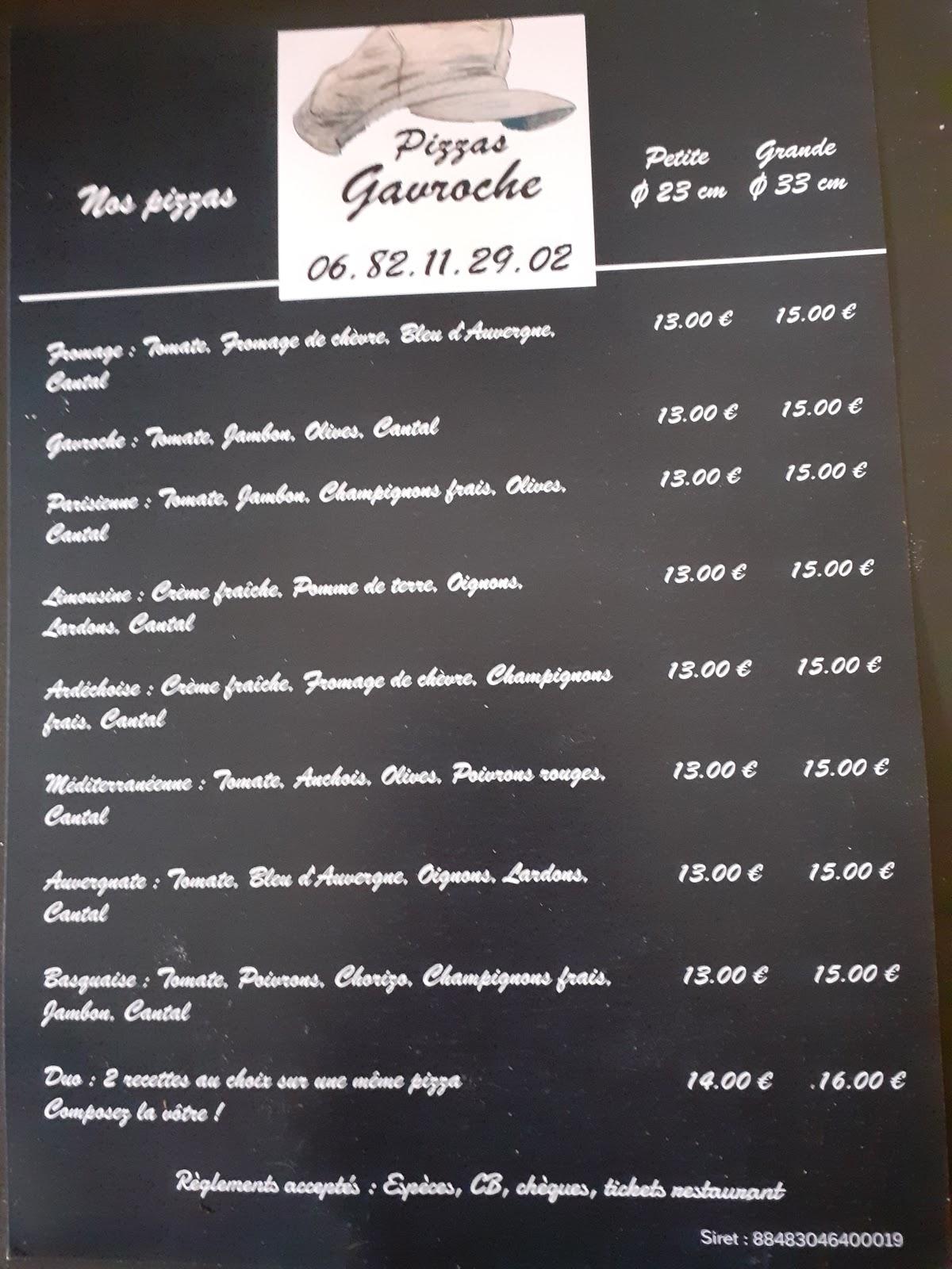 Menu at Pizzas gavroche restaurant, Blanzac