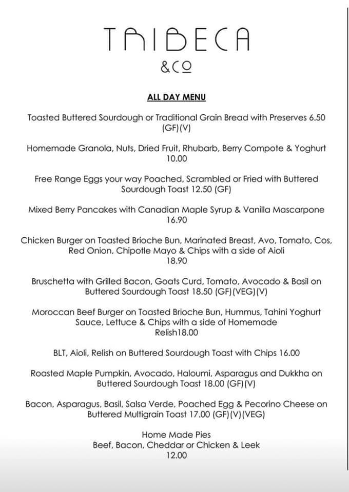 Menu at Tribeca & Co cafe, Southern River