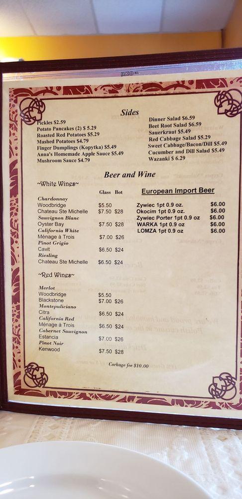 Menu at Anna's Polish Restaurant, Winter Park