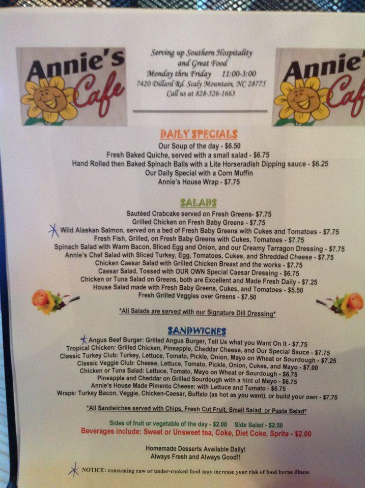 Menu at Annie's Cafe, Scaly Mountain, Dillard Rd