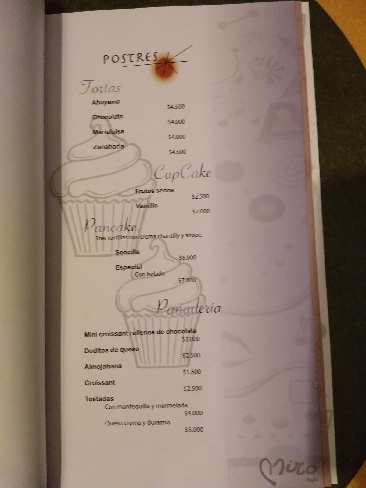 Menu at Miró Café, Santa Rosa de Cabal