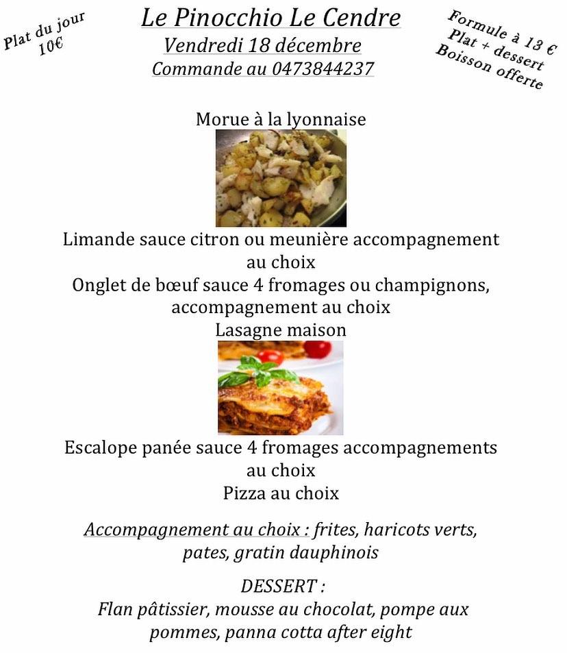 Menu au Pinocchio pizzeria, Le Cendre, Rue Jean Mermoz