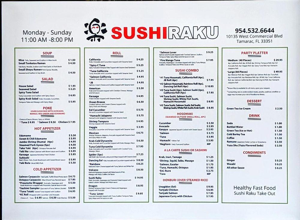 Menu at Sushi Raku restaurant, Tamarac