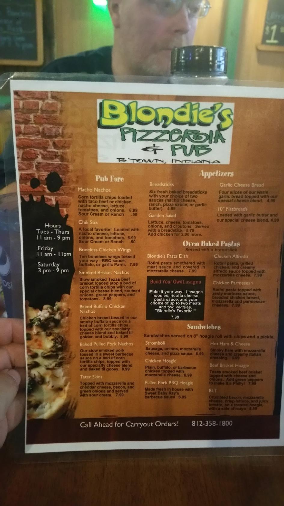 Menu at Blondie's Pizzeria & Pub, Brownstown
