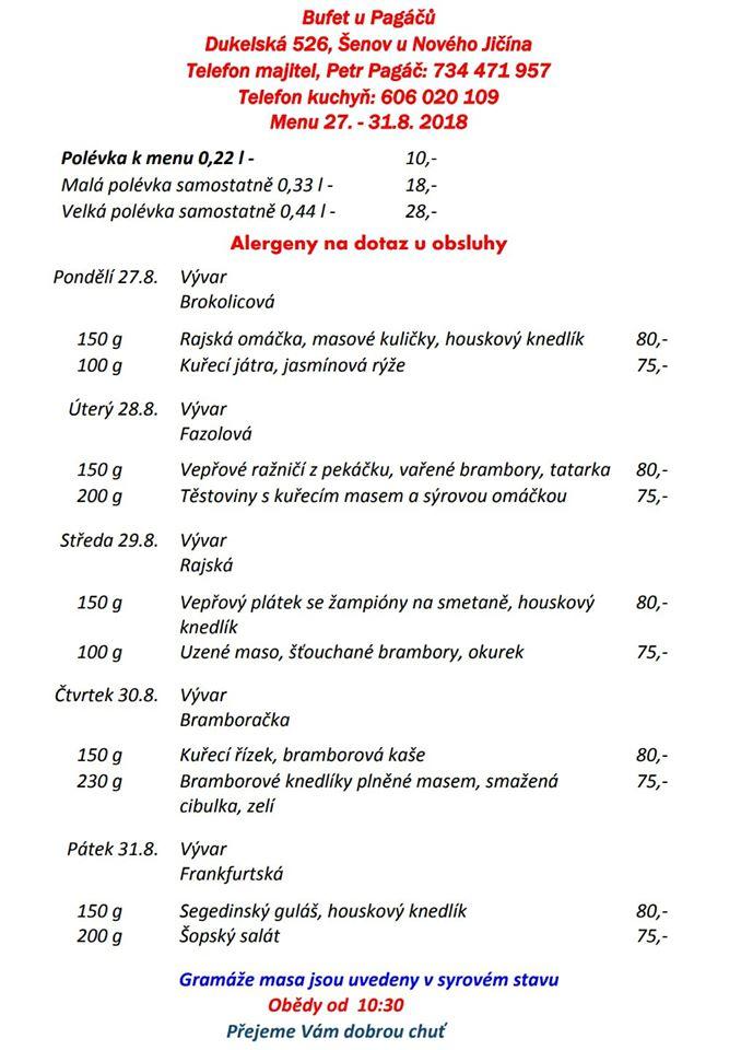 Menu at Bufet u Pagáčů restaurant, Novy Jicin
