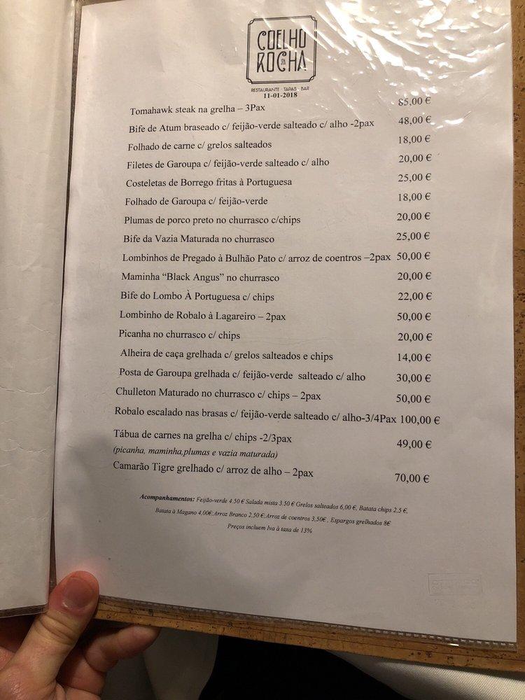 Menu at Coelho da Rocha restaurant, Lisbon