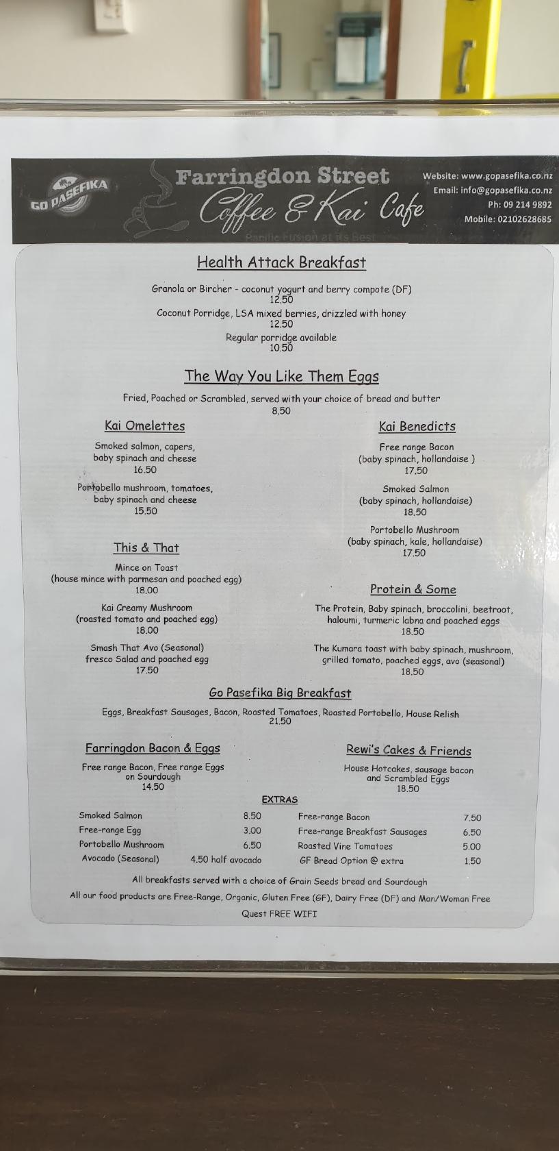 Menu at Coffee & Kai Cafe, Auckland