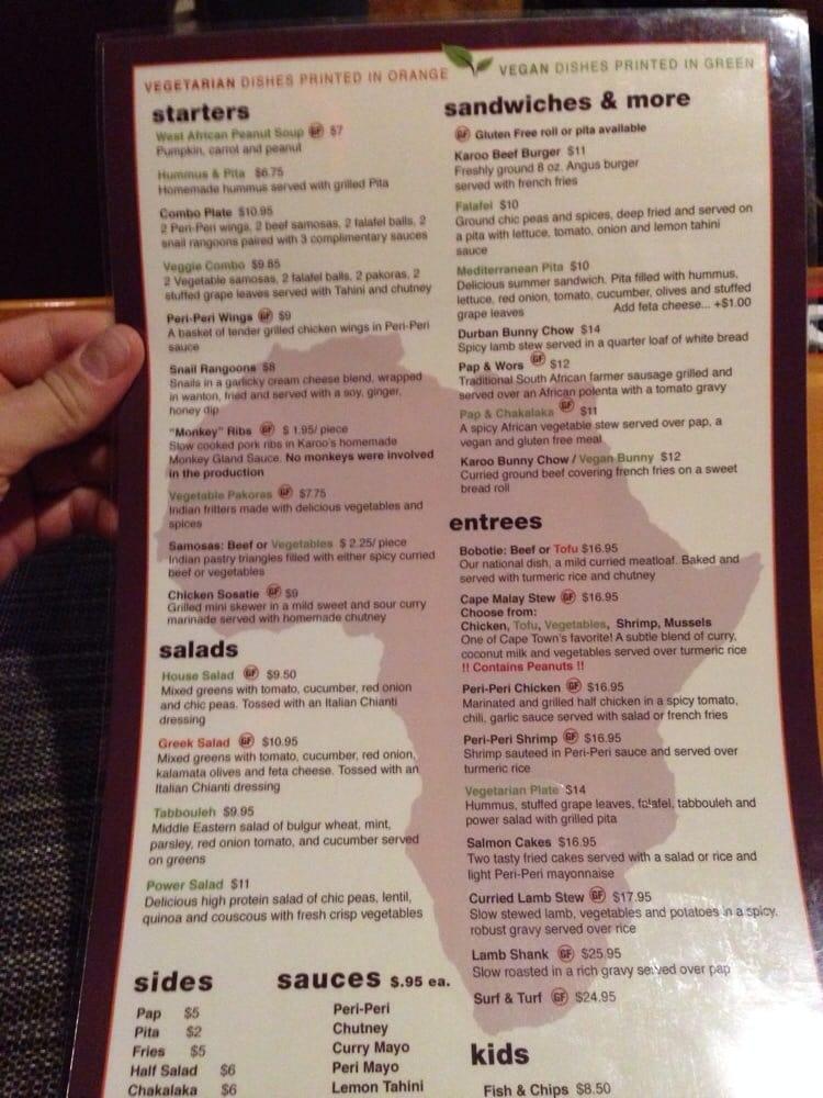 Menu at Karoo Restaurant, Eastham