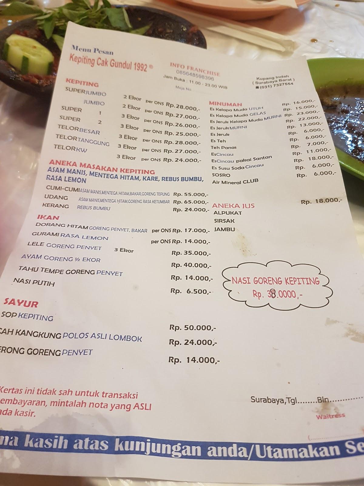 Menu at Kepiting Cak Gundul 1992 restaurant, Surabaya, C-D