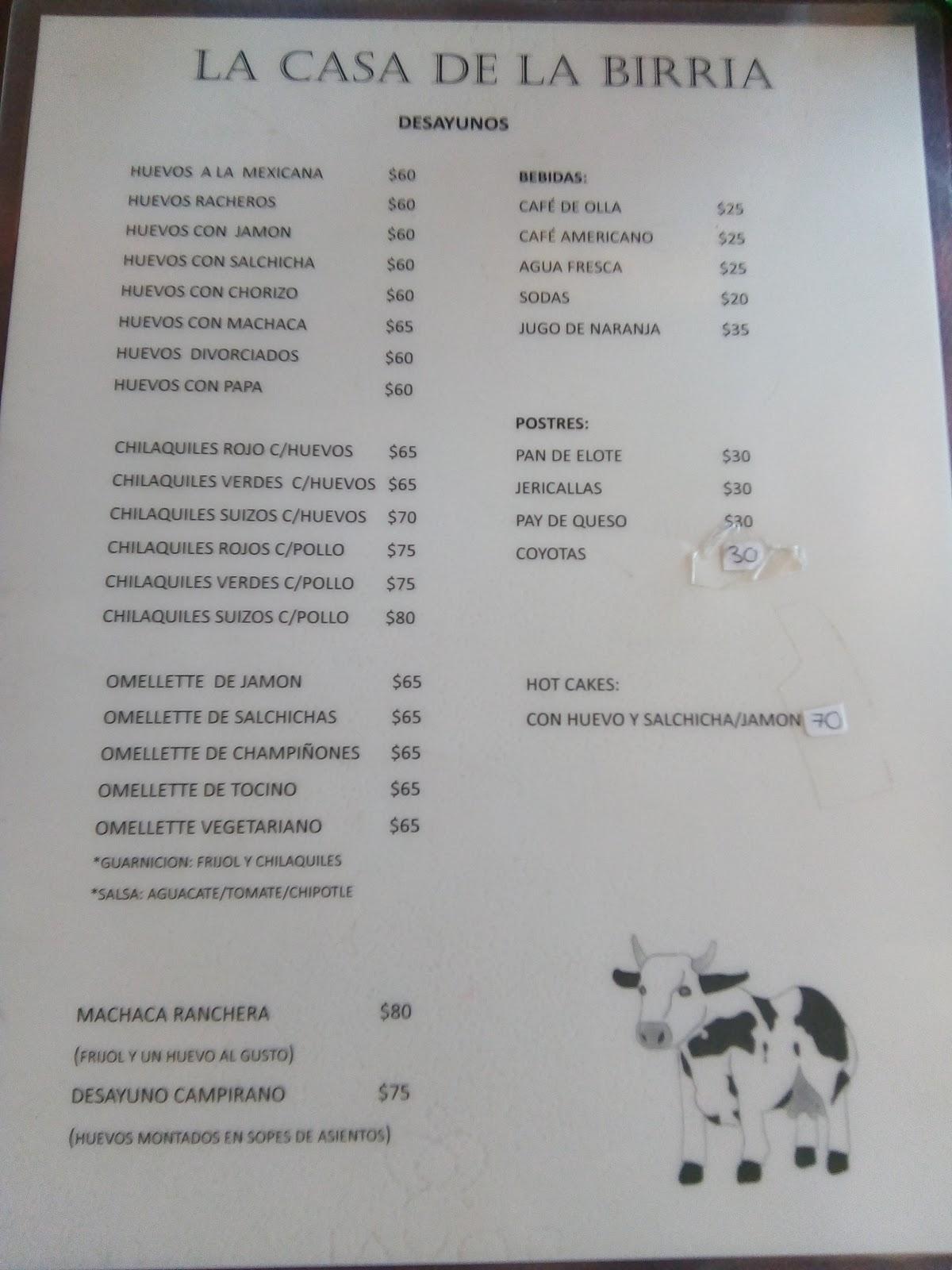 Menu at La Casa De La Birria restaurant, Tijuana, C. 16 de Septiembre 2016