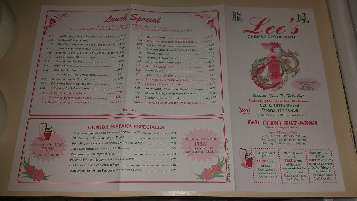 Menu at Lee's Restaurant, Yonkers, 626 E 187th St