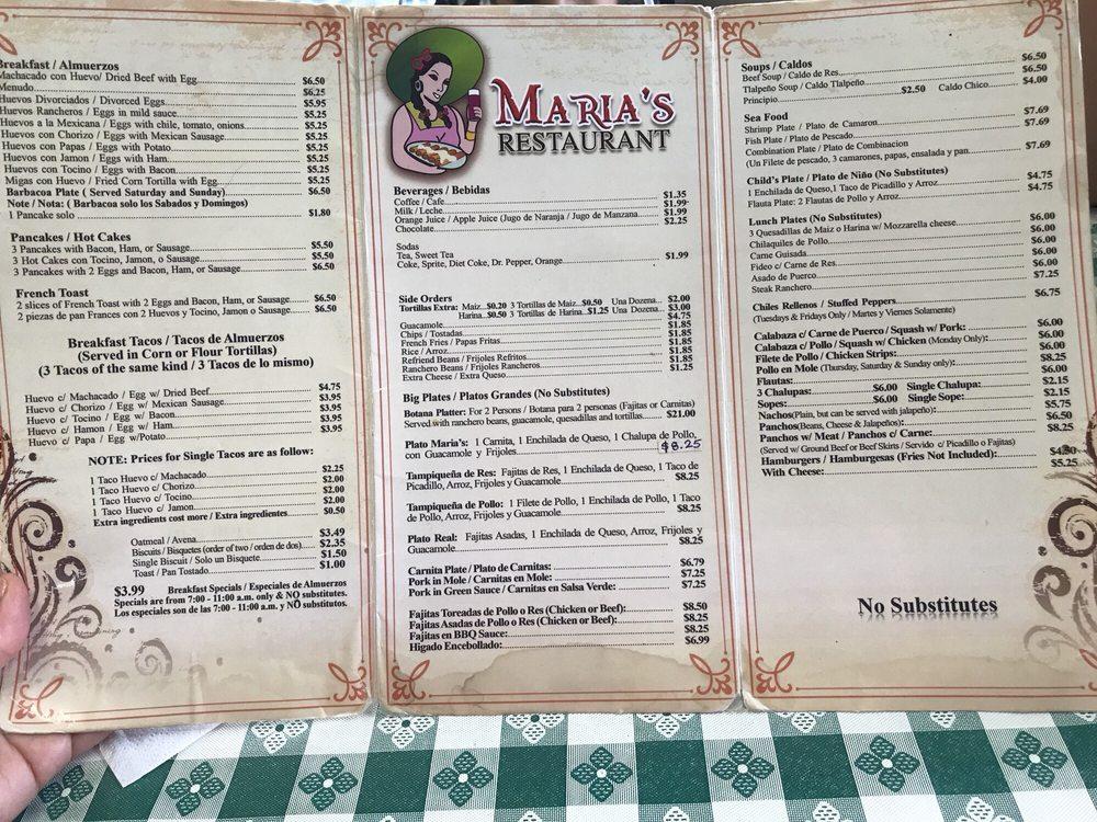 Menu at Maria's Restaurant, McAllen