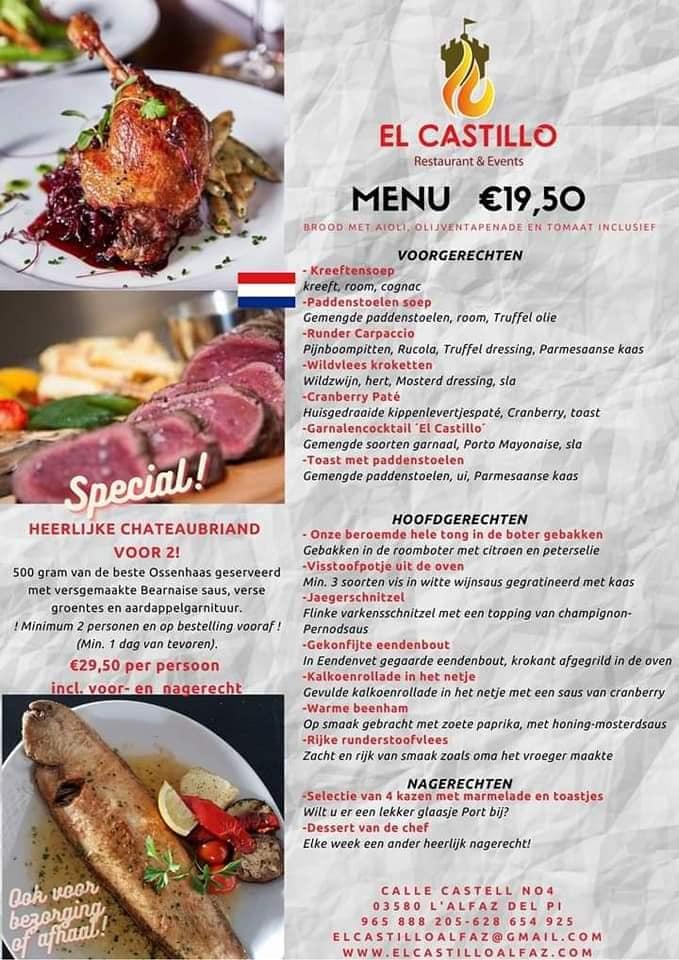 Carta de Restaurante El Castillo, Alfaz del Pi