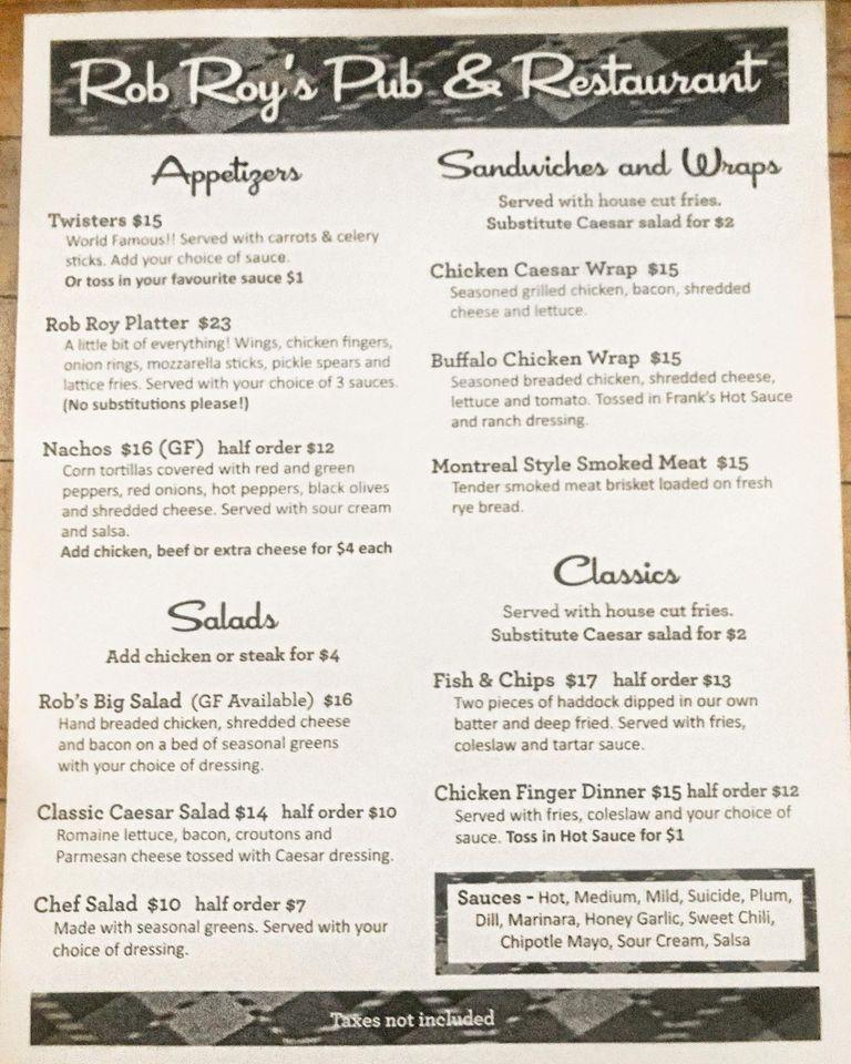 Menu at Rob Roy's Pub & Restaurant, Smiths Falls