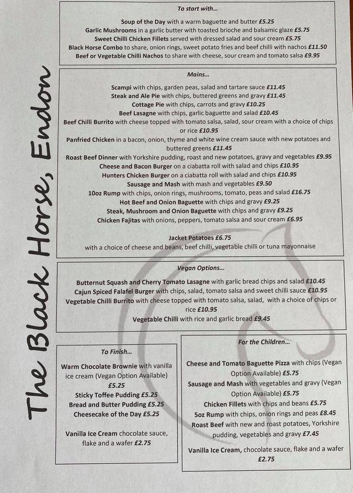 Menu at The Black Horse, Endon pub & bar, Stoke-on-Trent