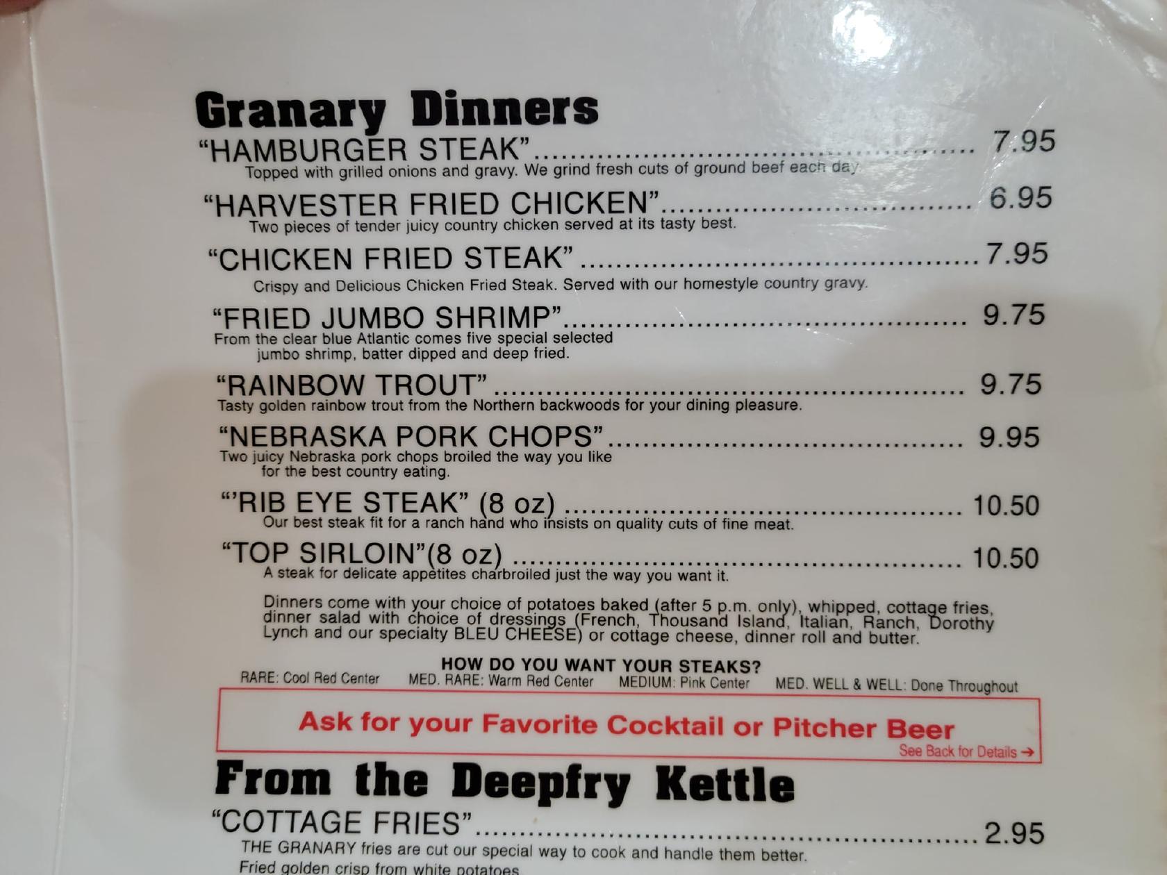 Menu at The Granary restaurant, Norfolk, 922 S 13th St