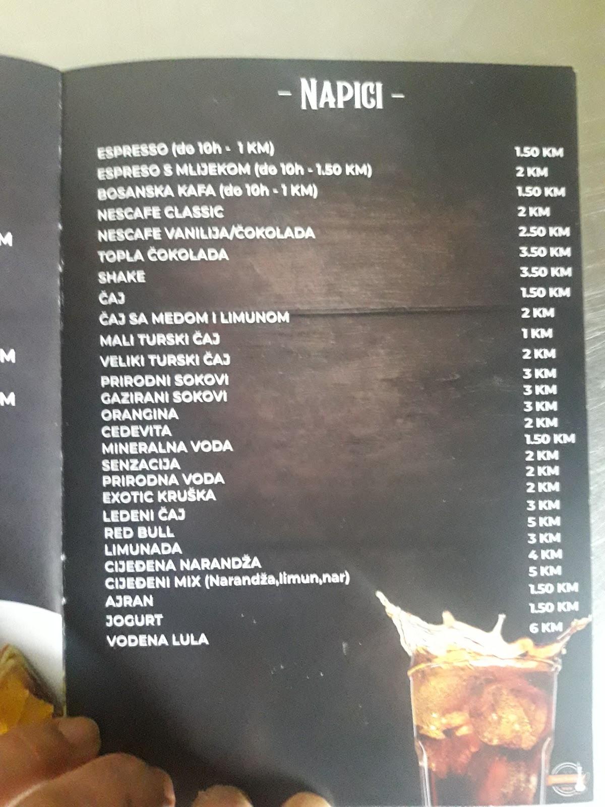 Menu at Saray Bosna restaurant, Ilidža