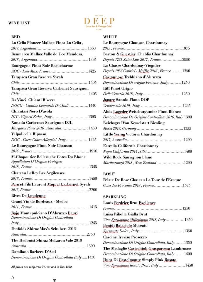 Menu at Deep Lounge pub & bar, Krabi Noi