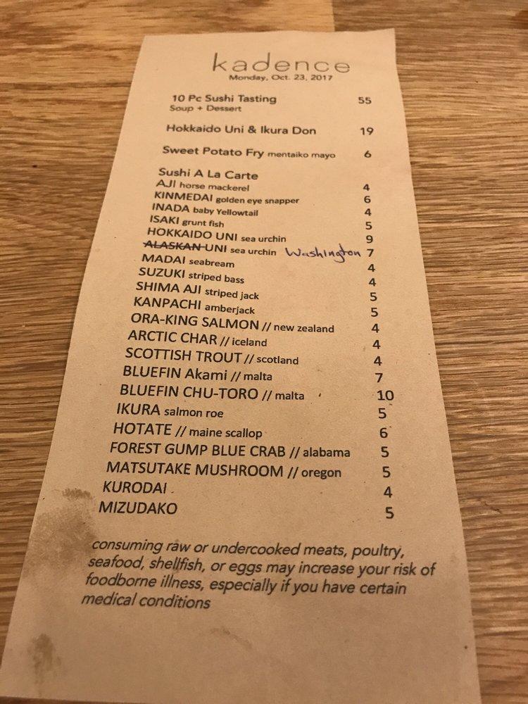 Menu at Kadence restaurant, Orlando, Winter Park Rd