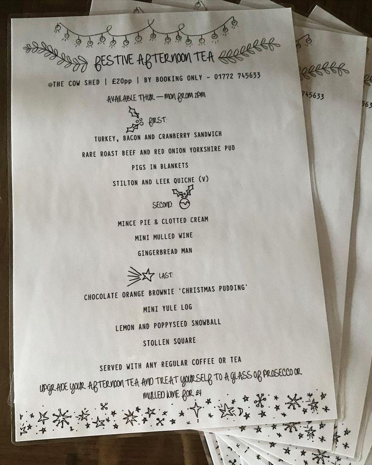 Menu at The Cow Shed cafe, Preston