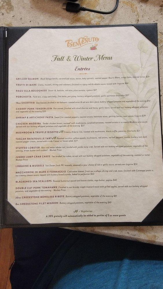 Menu at Benvenuto restaurant, Milford