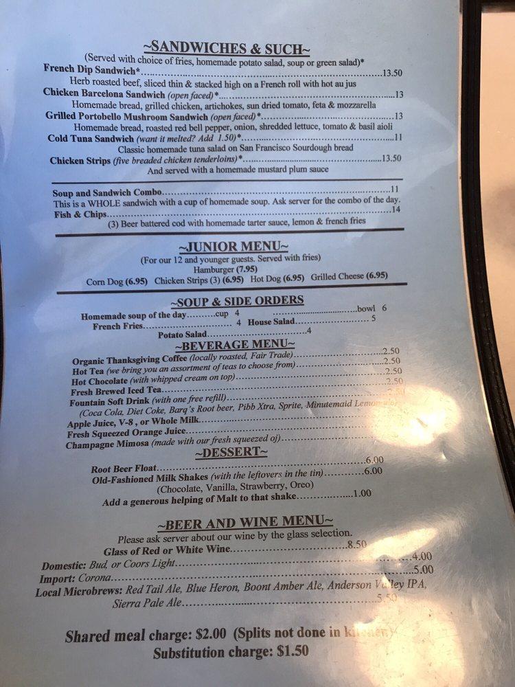 Menu at Bluebird Cafe, Hopland, US-101