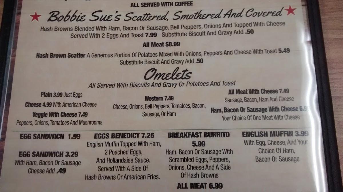 Menu at Bobbie Sue's Restaurant, Mountain Home, Hwy 62 E