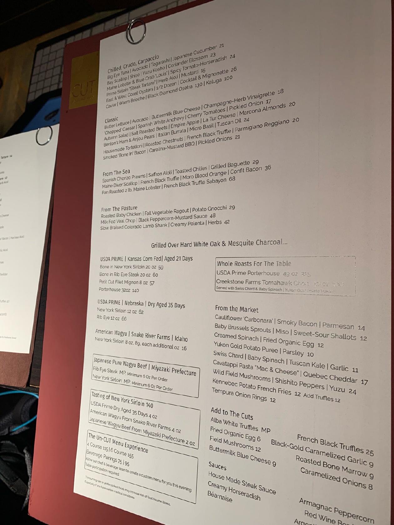 Menu at CUT by Wolfgang Puck steakhouse, New York City