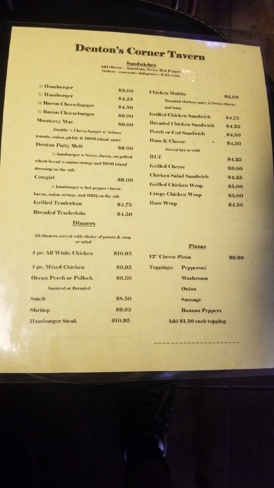 Menu at Denton's Corner Tavern pub & bar, Monterey